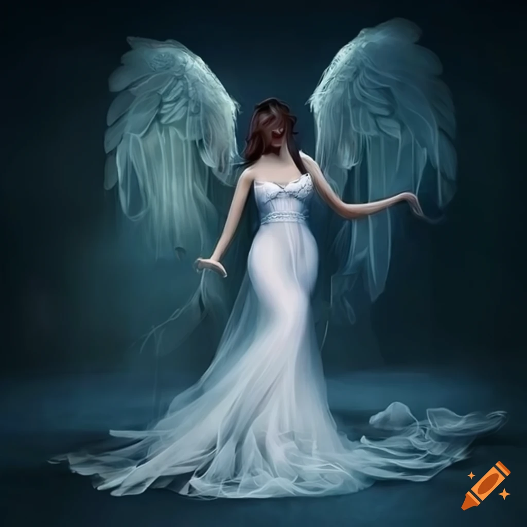 Detailed magical library with ethereal woman in angelic attire on Craiyon