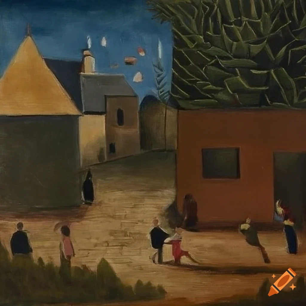 School courtyard and baseball field painting in the style of horace ...