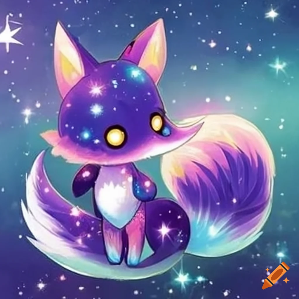 Kawaii illustration of a cosmic galactic fox with a long tail on Craiyon