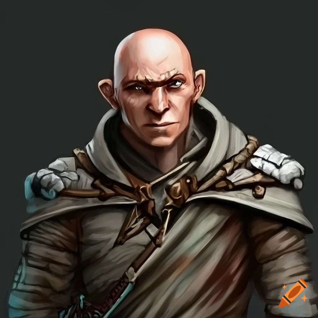 Bald human ranger with ornate longsword and cloak in a fantasy setting ...