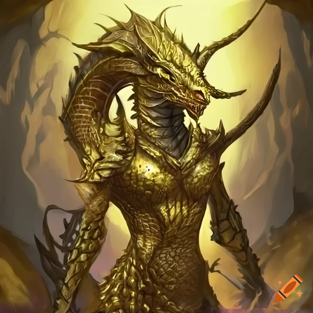 Gold light drakeling with gold scales in a fantasy setting on Craiyon