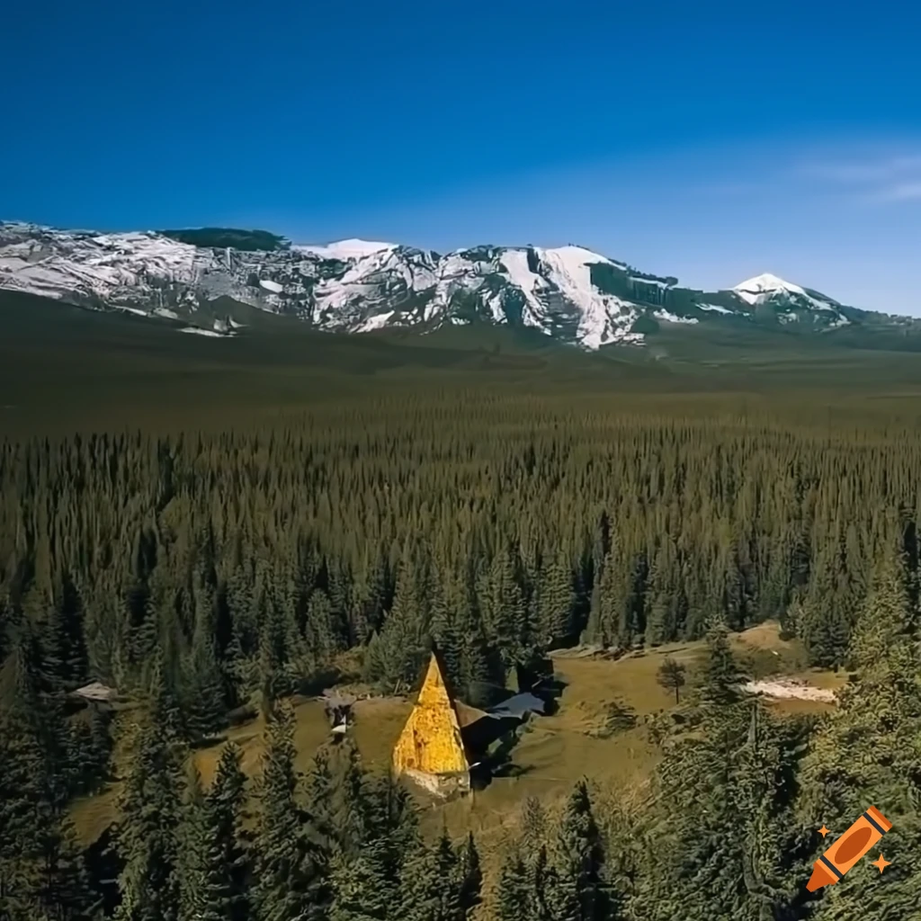 Aerial view of etruscan-hittite-viking village with temple in taiga ...