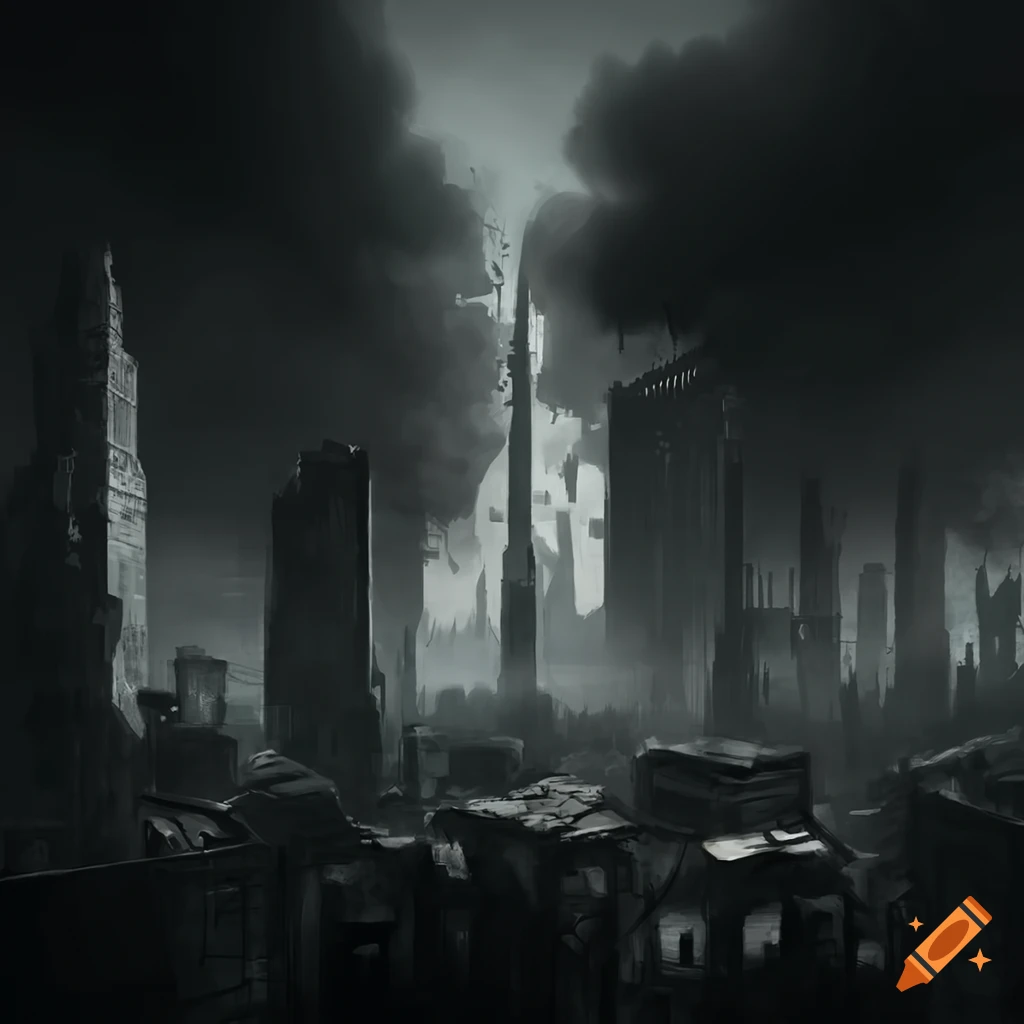 Black and white concept art of a post-apocalyptic cityscape on Craiyon