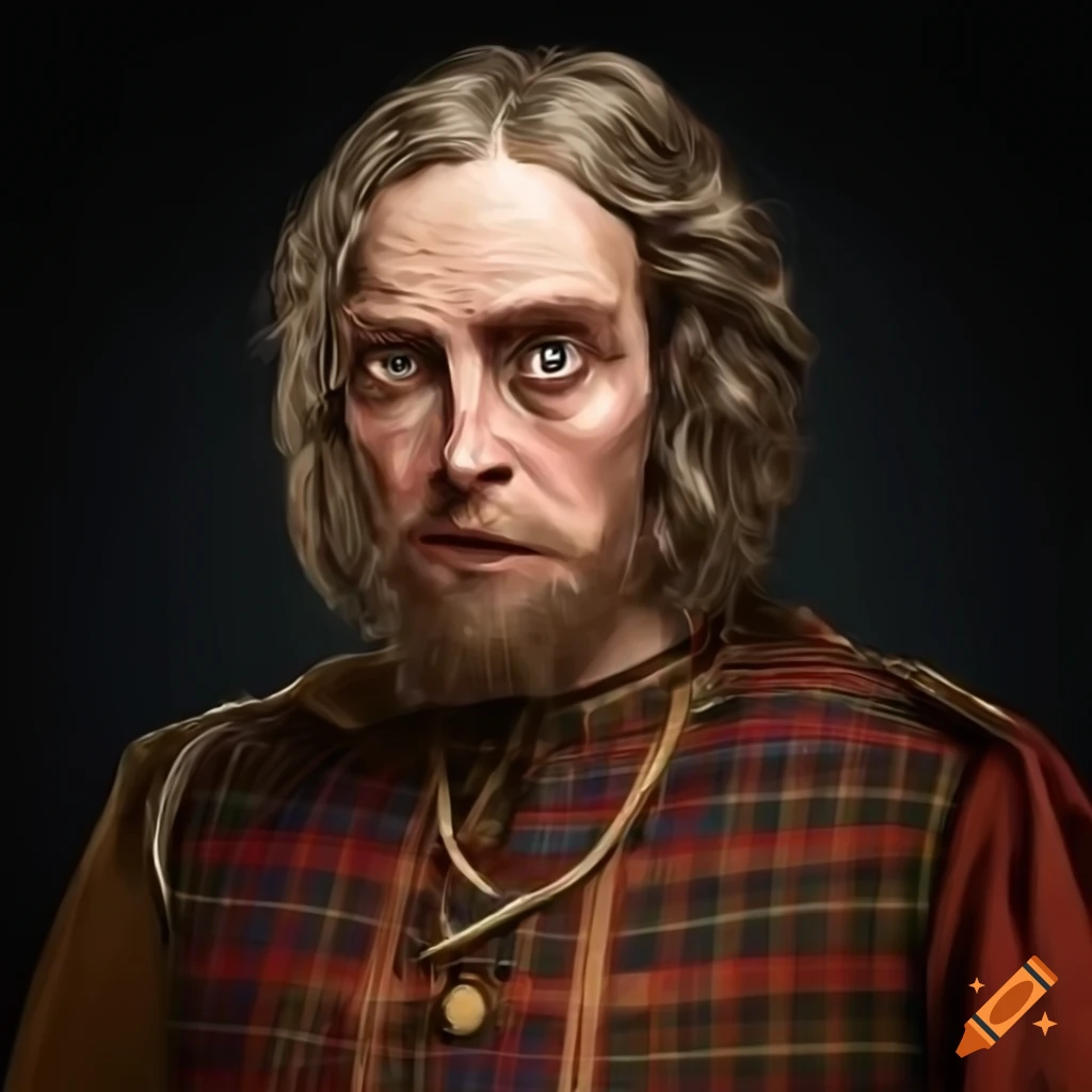 Portrait of a medieval Scottish man in regal attire with an ...
