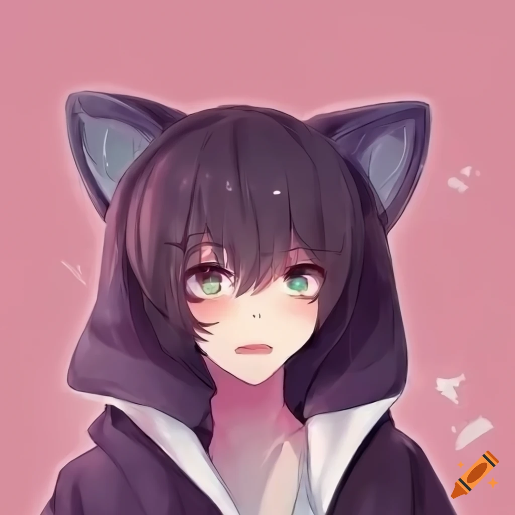 Cute anime cat femboy in hoodie with cat ears on Craiyon