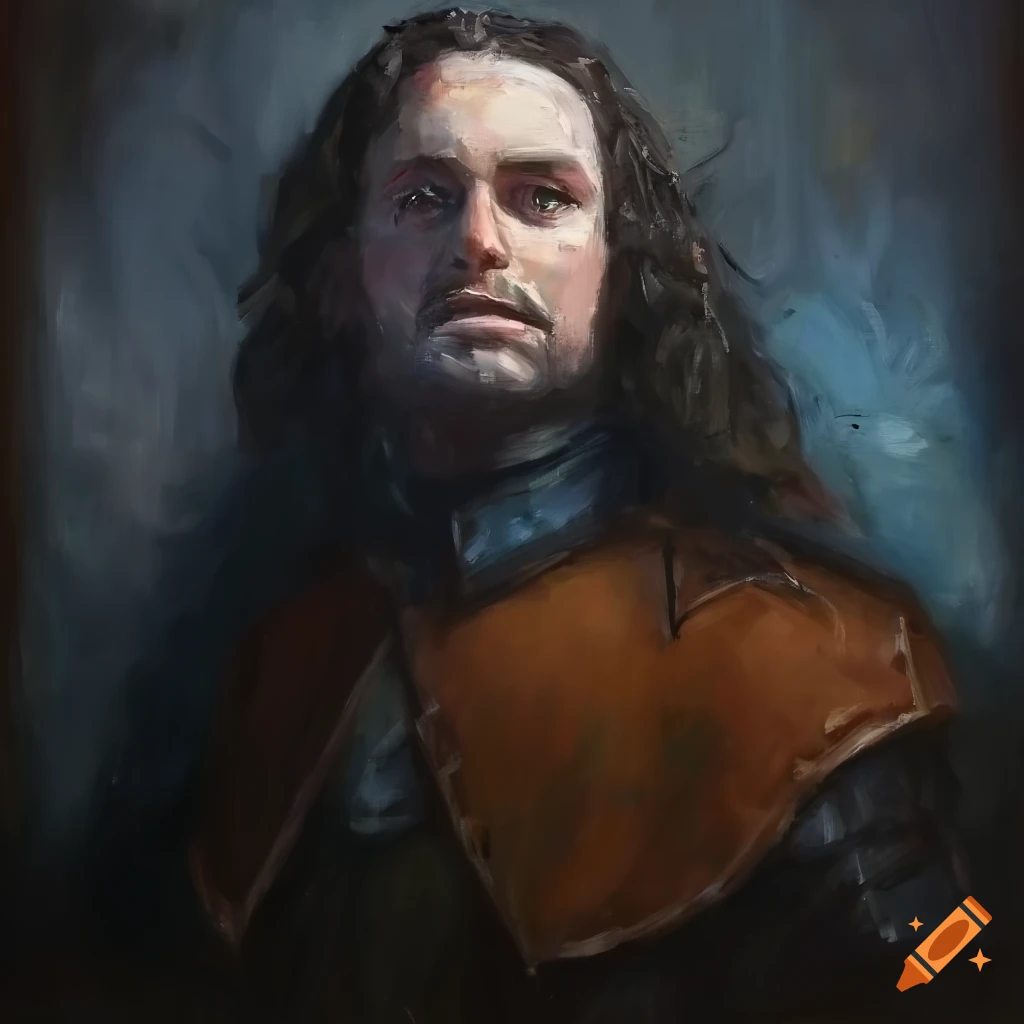 Powerful knight with scar on eye posing under a gothic archway in dark ...