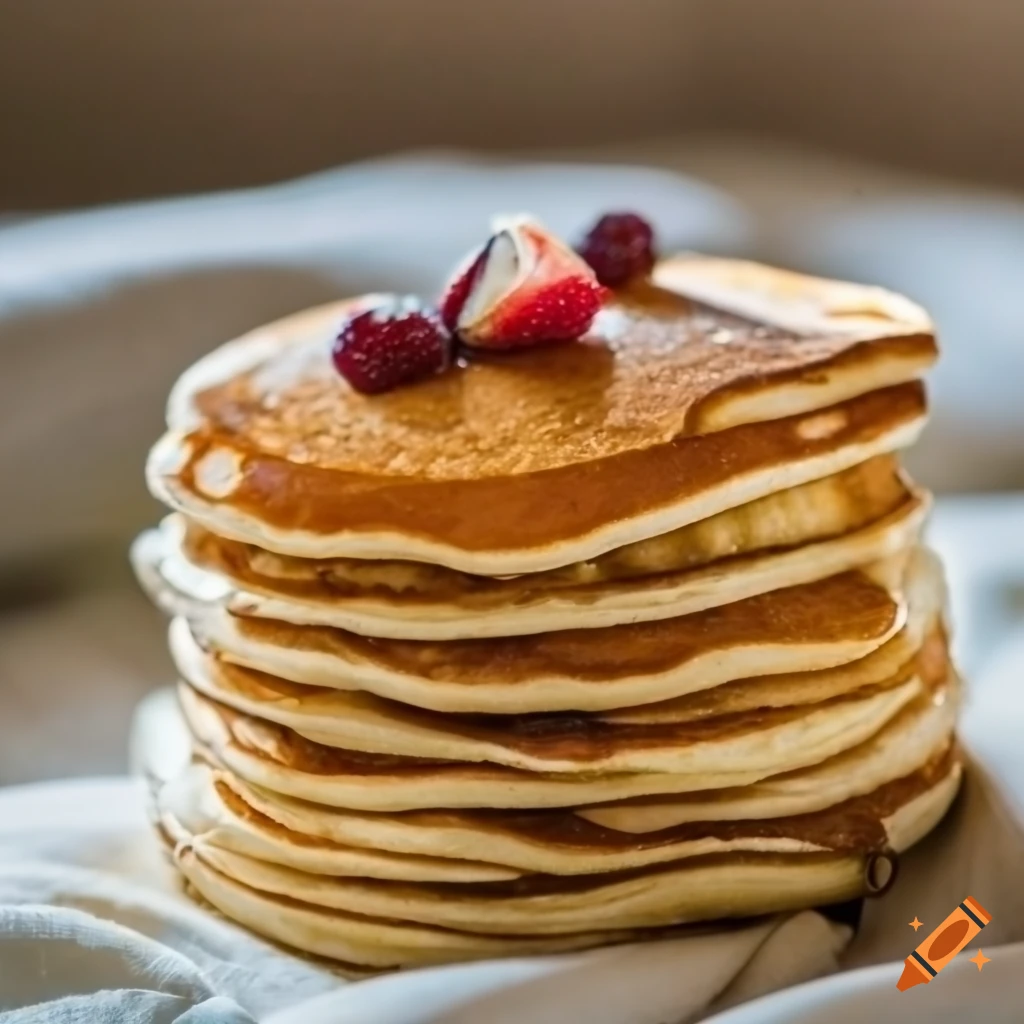 Stack of pancakes on a bed in soft lighting on Craiyon