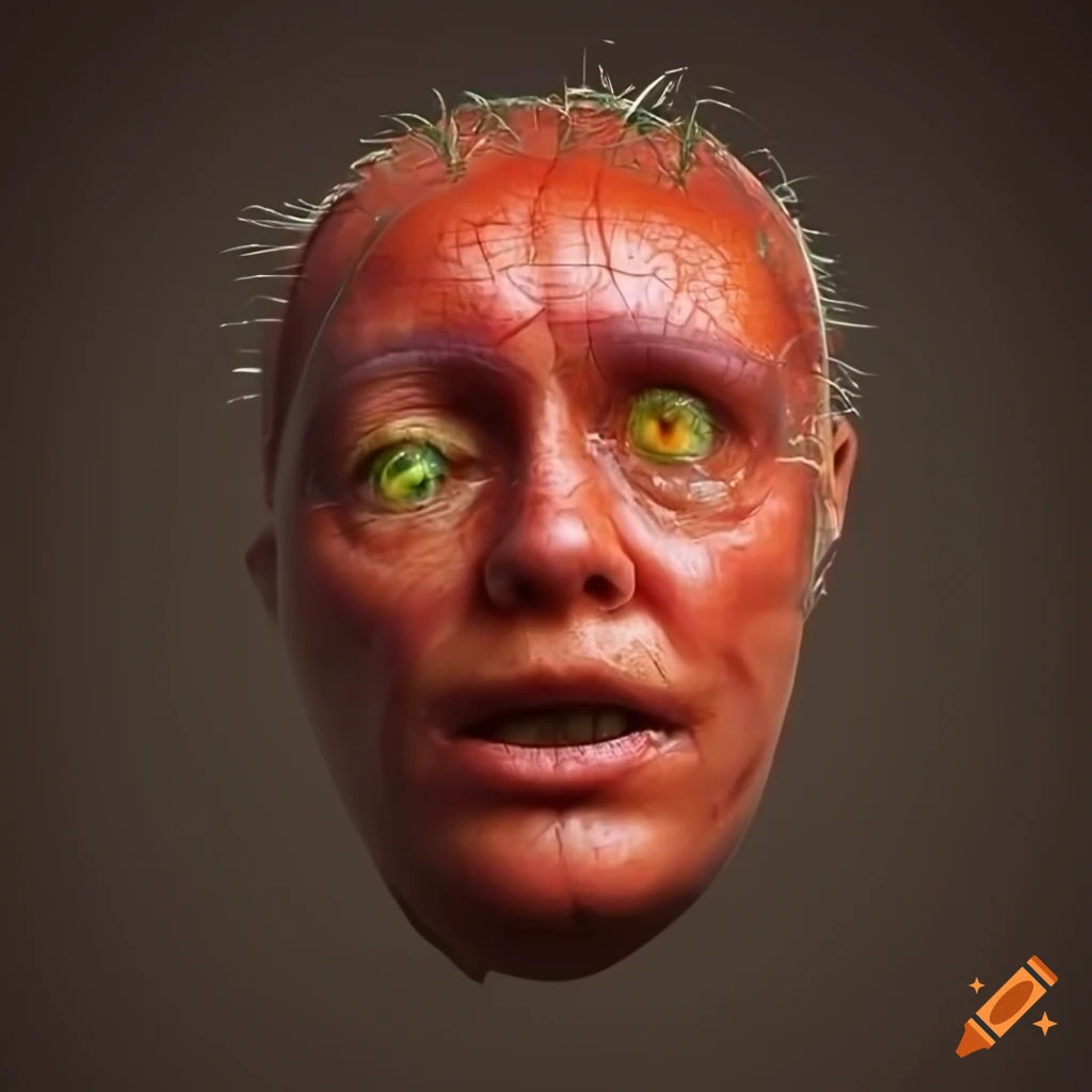 Closeup of human face made of tomatoes in a hyperrealistic style on Craiyon