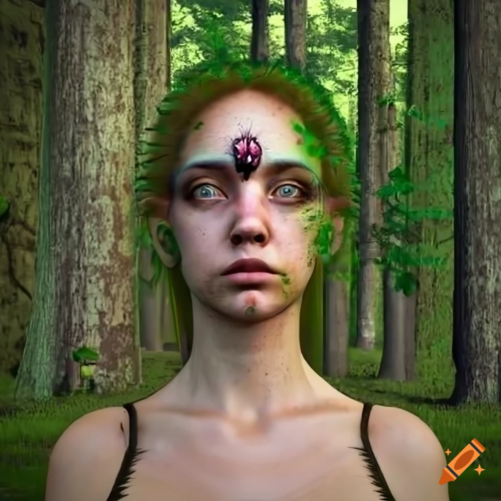 Surreal 3D render of a woman's face in a forest with old growth trees ...