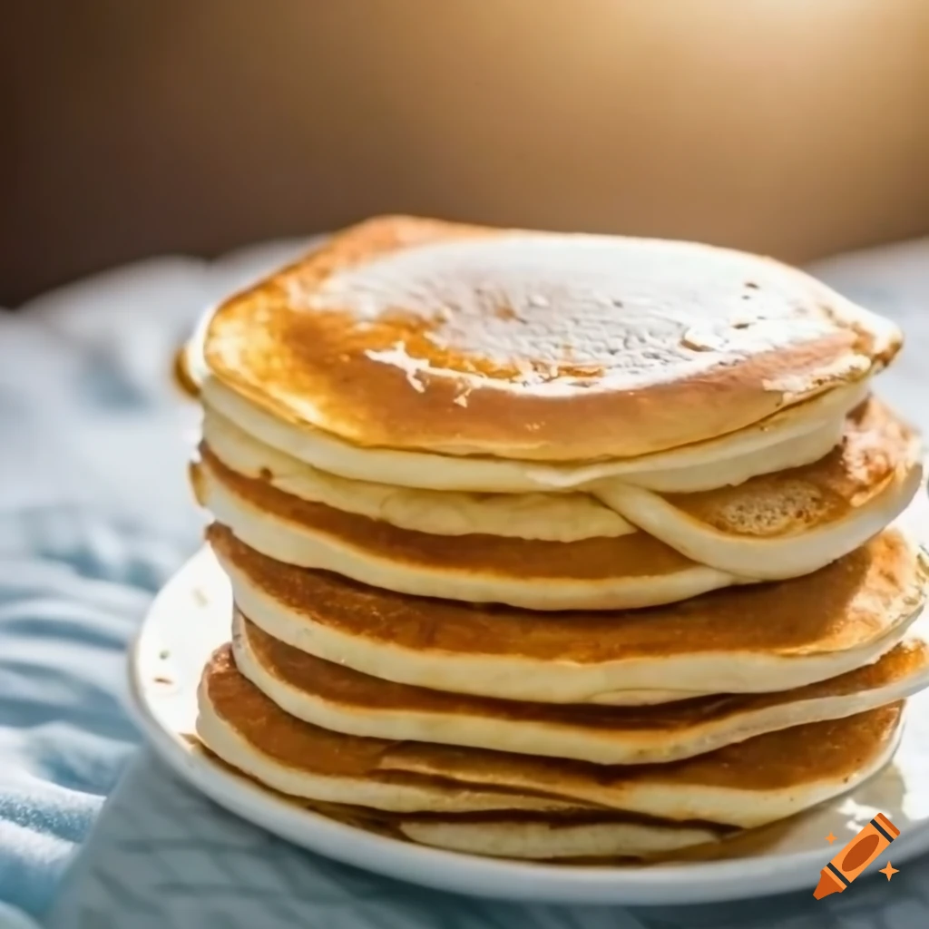 Stack of pancakes on a bed in soft lighting on Craiyon