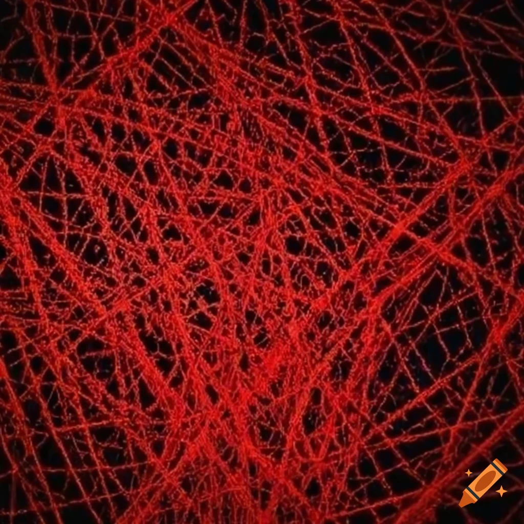 Abstract art of interwoven red threads symbolizing the universe's ...