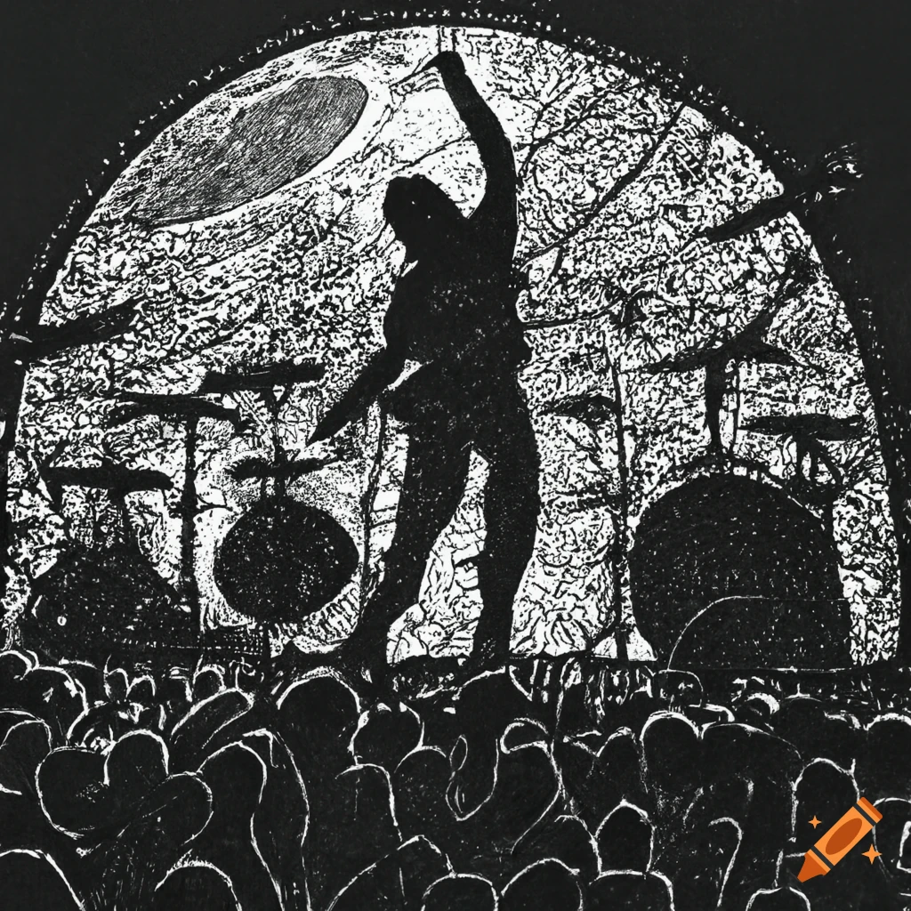 Rock concert at the moon in black and white pen and ink stipple drawing ...