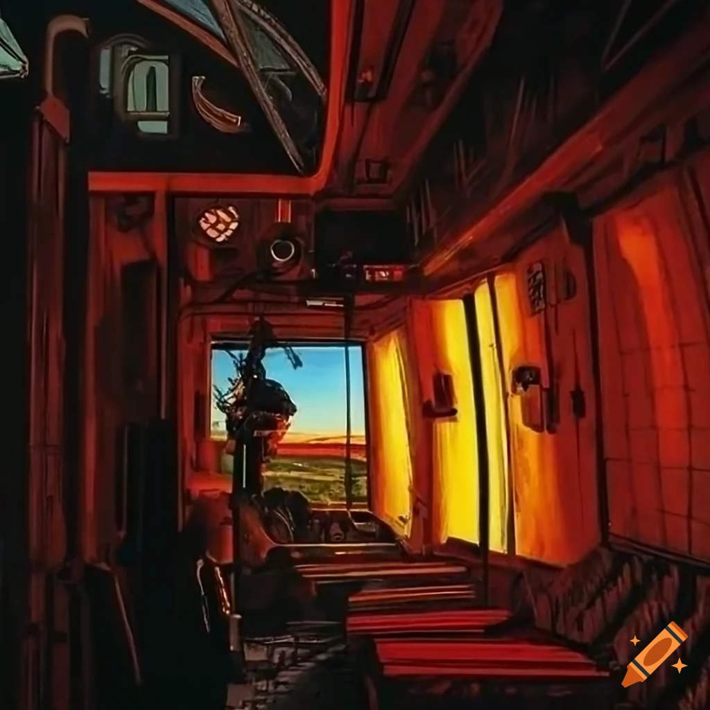 French comic-inspired post-apocalyptic living train art with retro ...