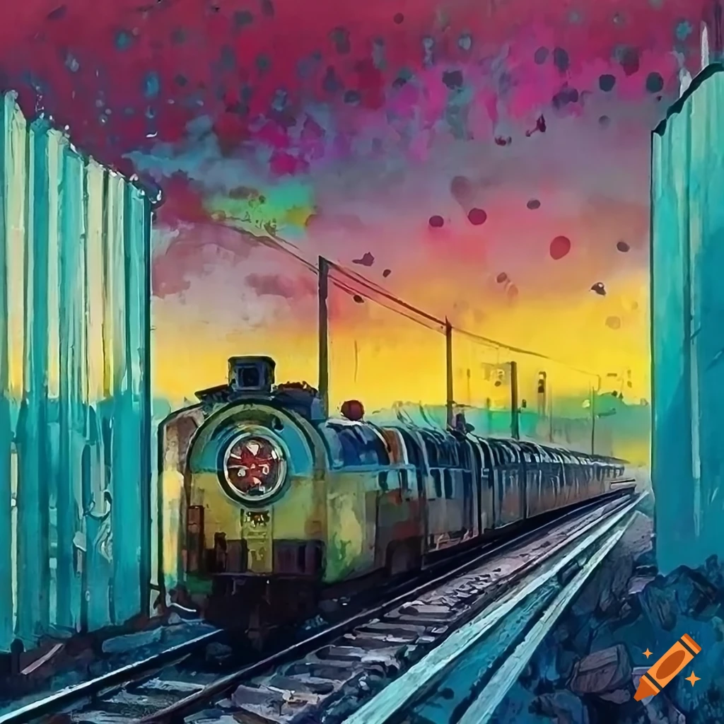 French comic-inspired post-apocalyptic living train art with retro ...