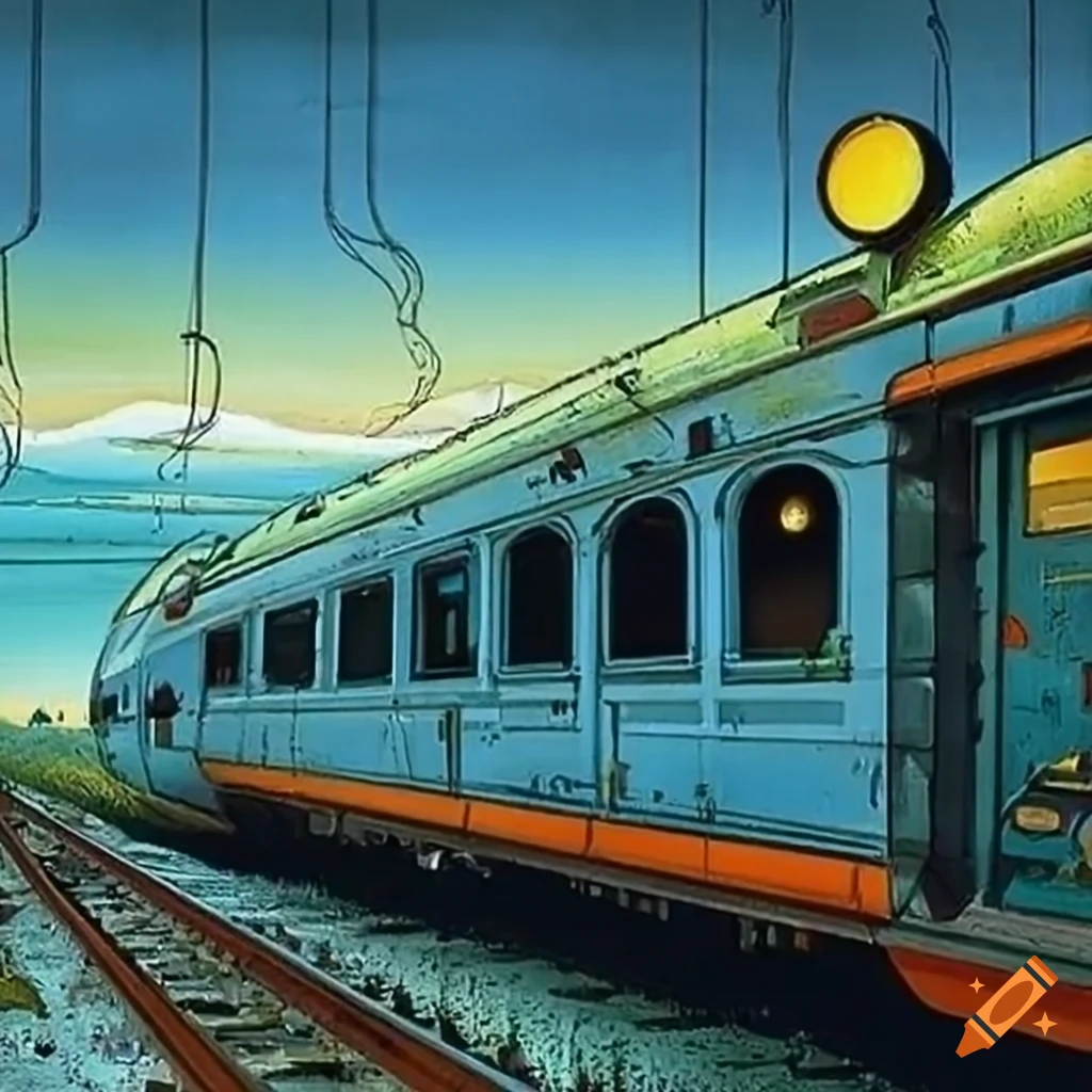 French comic-inspired post-apocalyptic living train art with retro ...