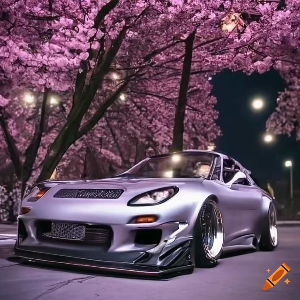 Detailed silver mazda rx-7 with widebody kit under a blooming sakura ...
