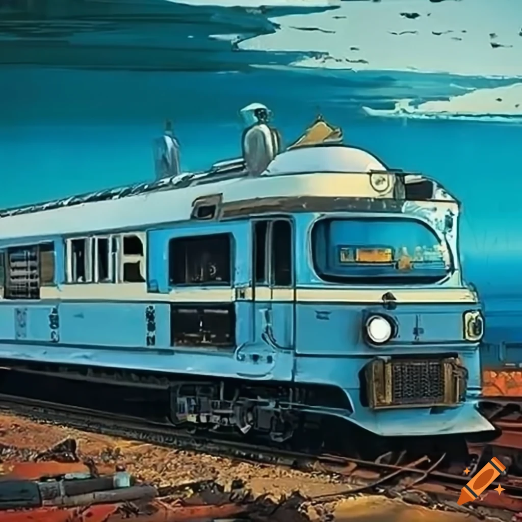 French comic-inspired post-apocalyptic living train art with retro ...