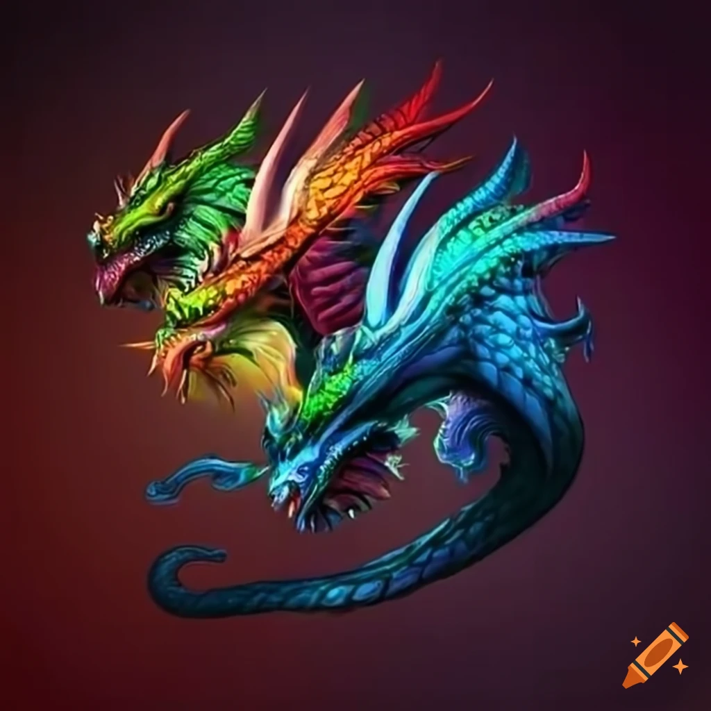 Four-headed dragon embodying the colors of the elements on Craiyon