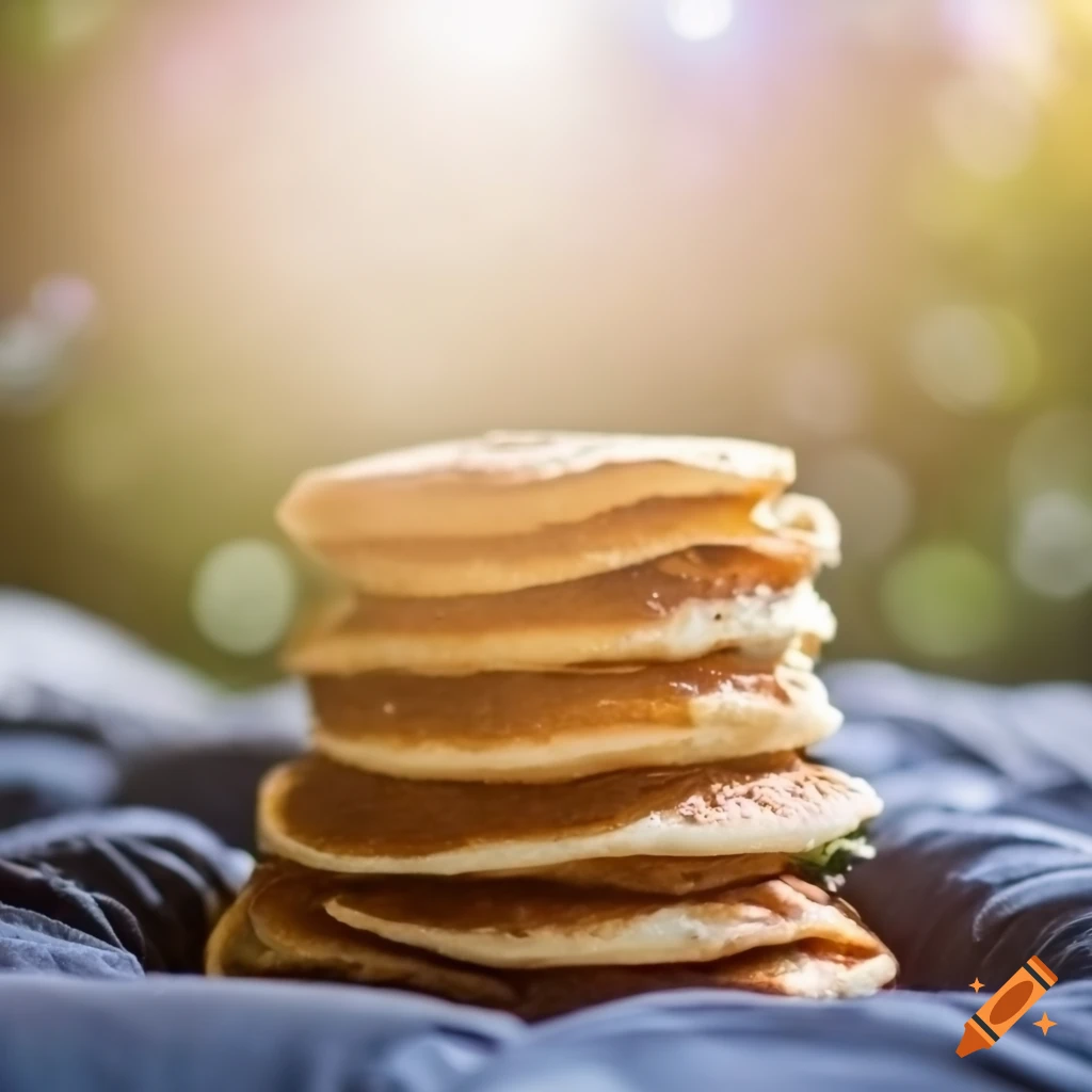 Stack of pancakes on a bed in soft lighting on Craiyon