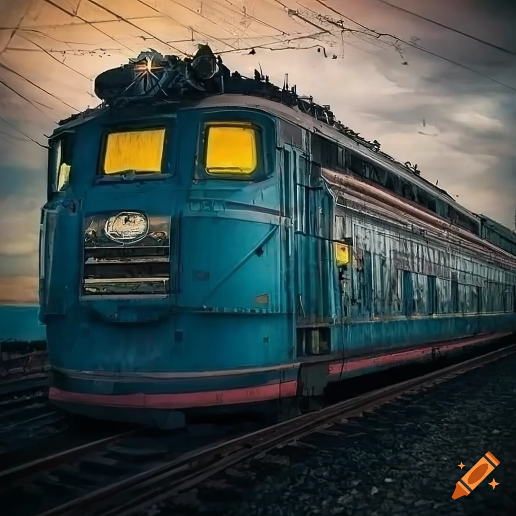 French comic-inspired post-apocalyptic living train art with retro ...