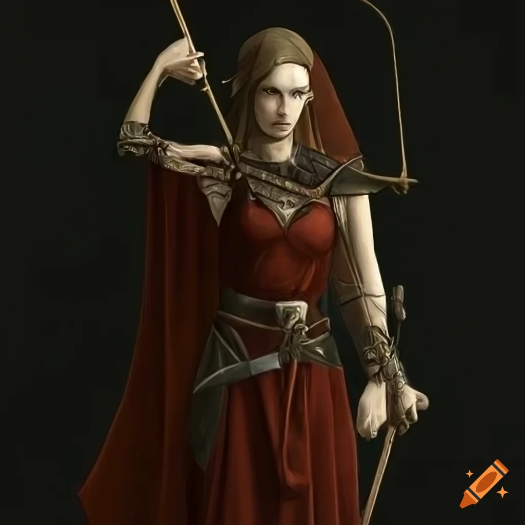Graceful medieval elf archer in intricate cloak with bow and arrow on ...