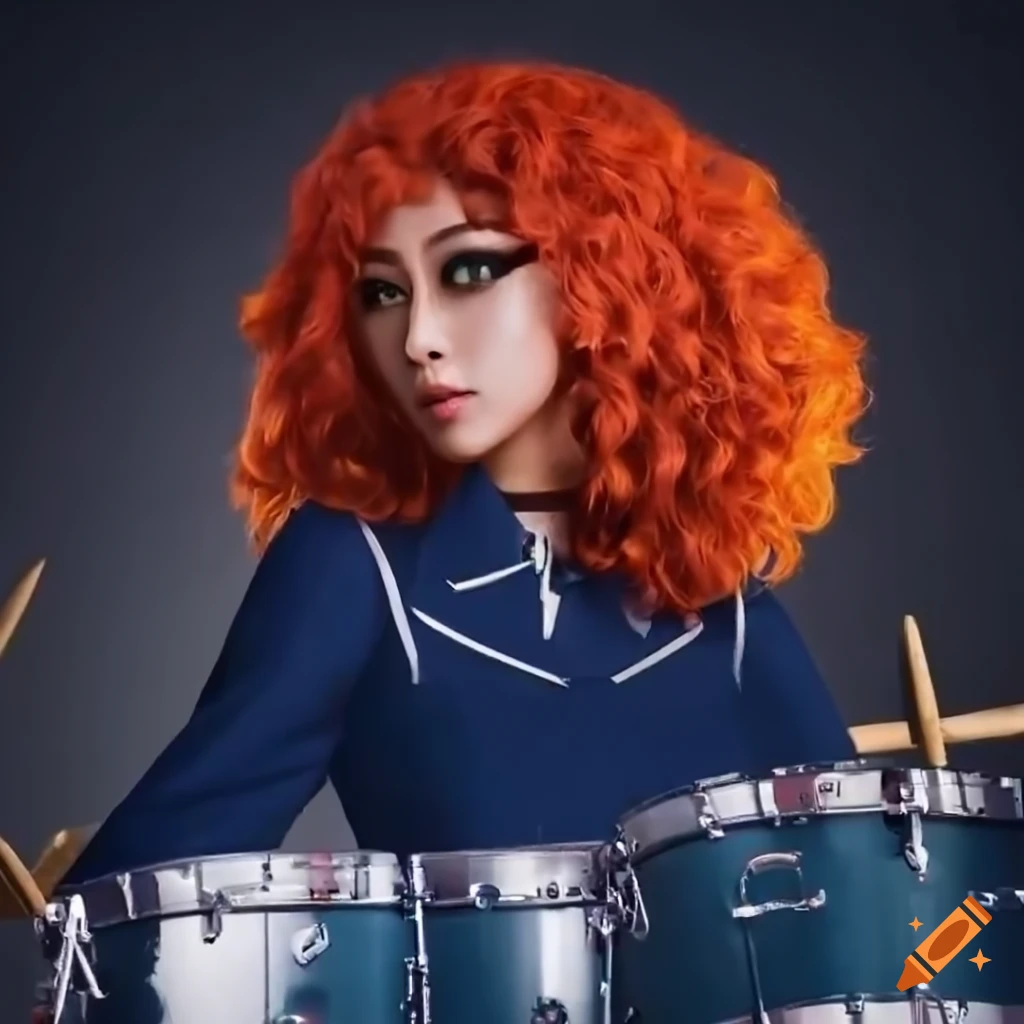 Asian female drummer playing green drums at a live rock concert on Craiyon