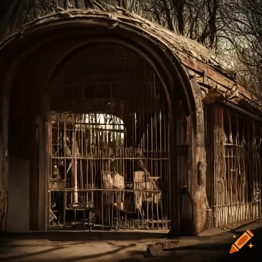 Victorian zoo with old rusty cages and people walking by on Craiyon