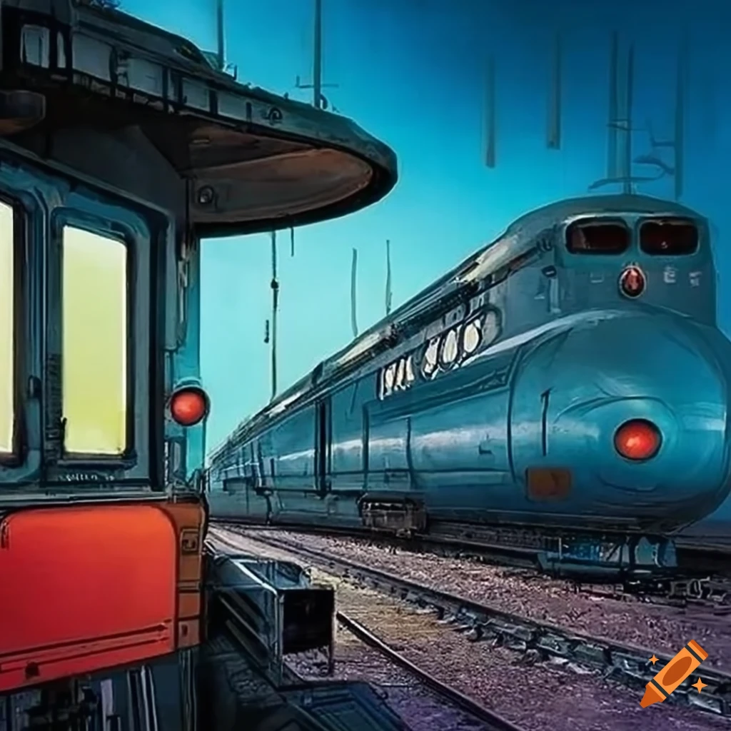 French comic-inspired post-apocalyptic living train art with retro ...