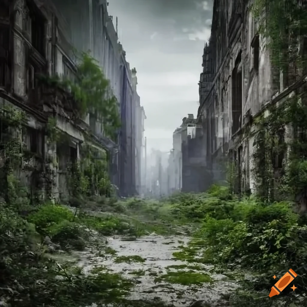 Scenes of deserted cities overgrown with vegetation and crumbling buildings on Craiyon