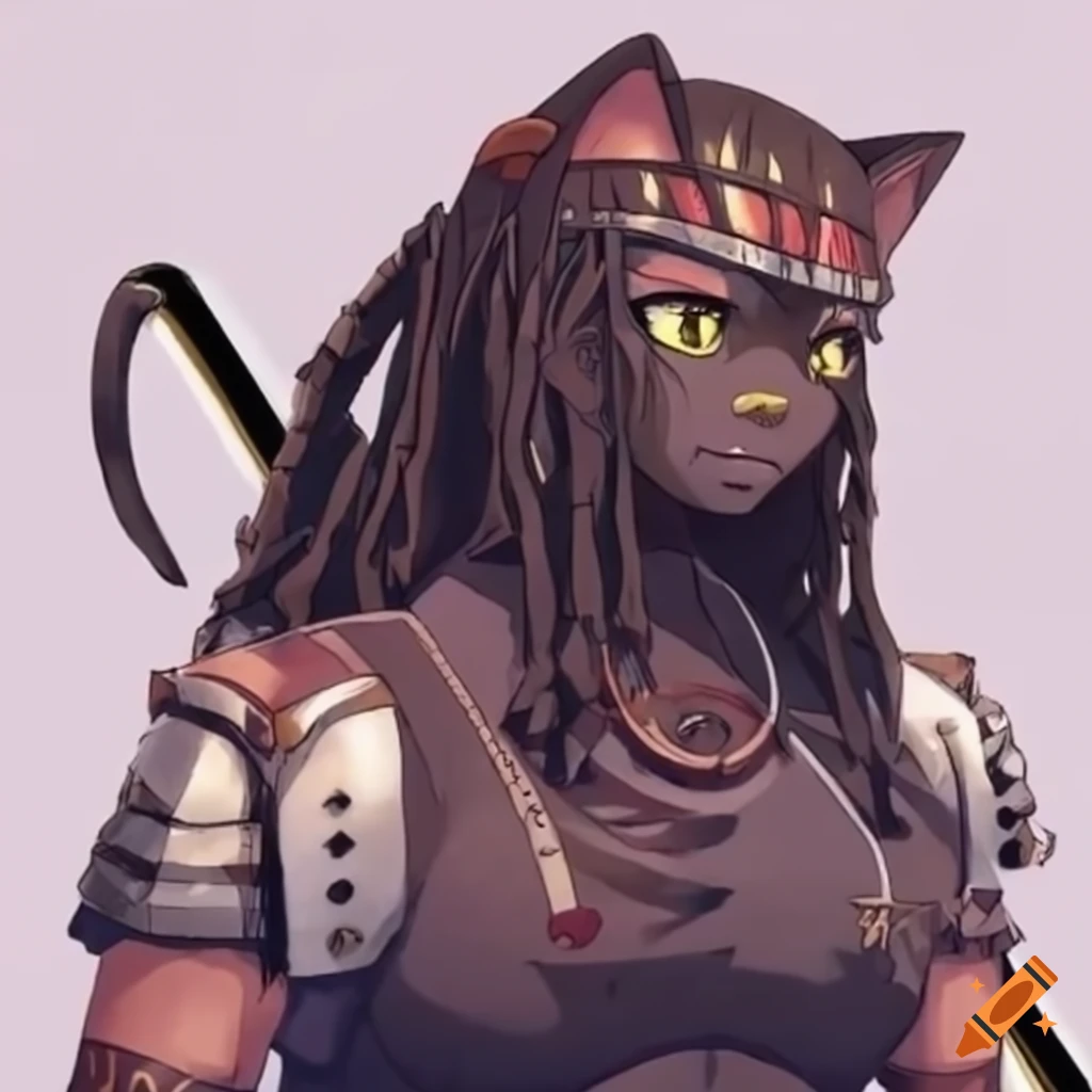 Cat resembling Michonne with katana and armor on Craiyon
