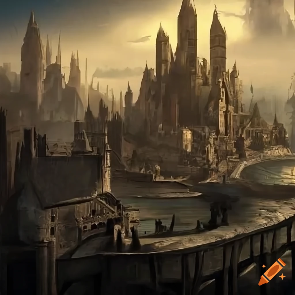 Panoramic view of a port city in a medieval fantasy realm with mutated ...