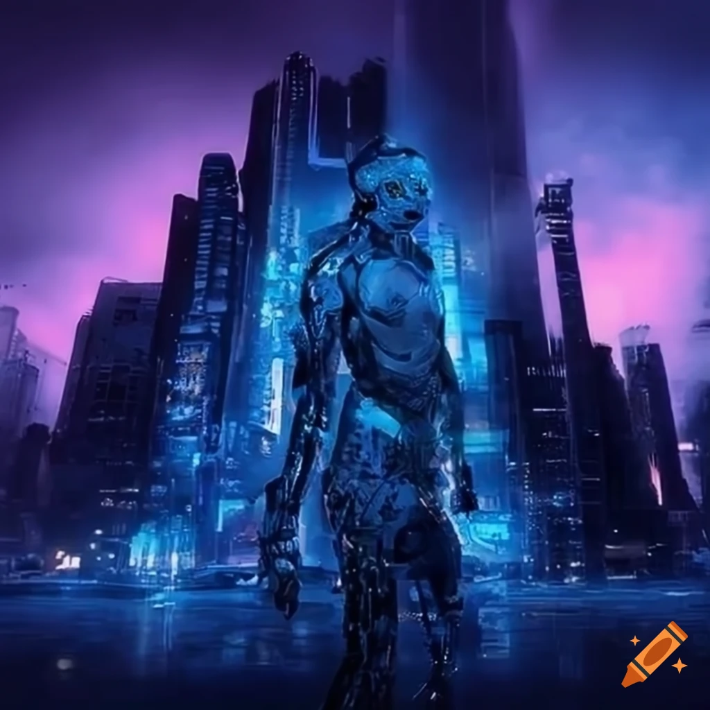 Cyberpunk city skyline glowing blue with a male cyborg in 1880s style ...