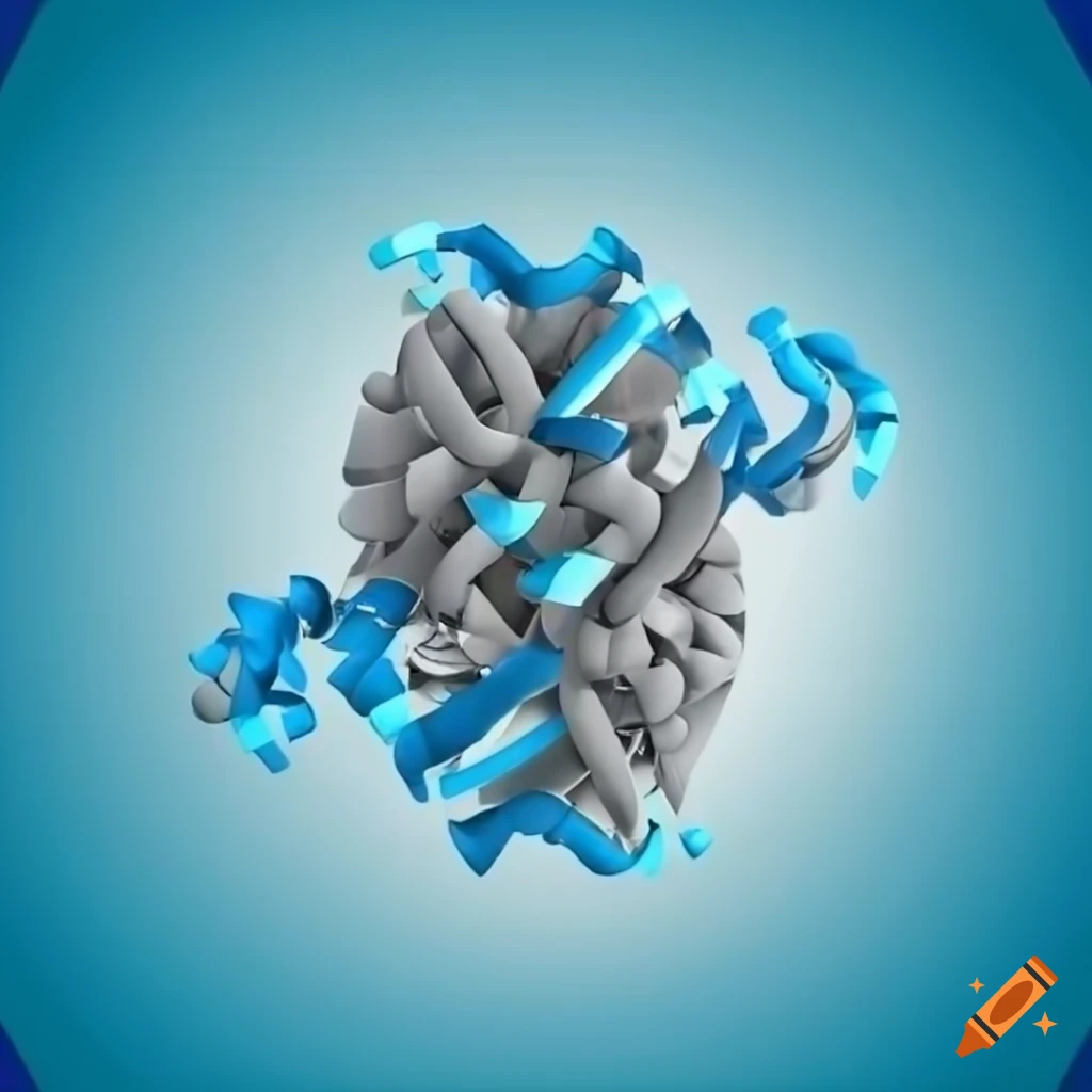 3D rendering of a complex protein structure in blue and grey on Craiyon