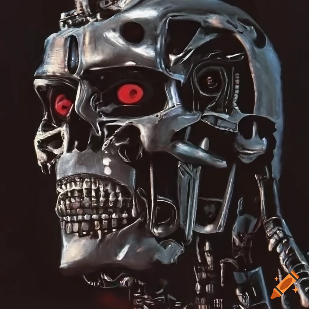 T-800 Terminator robot with long hair, headshot on Craiyon
