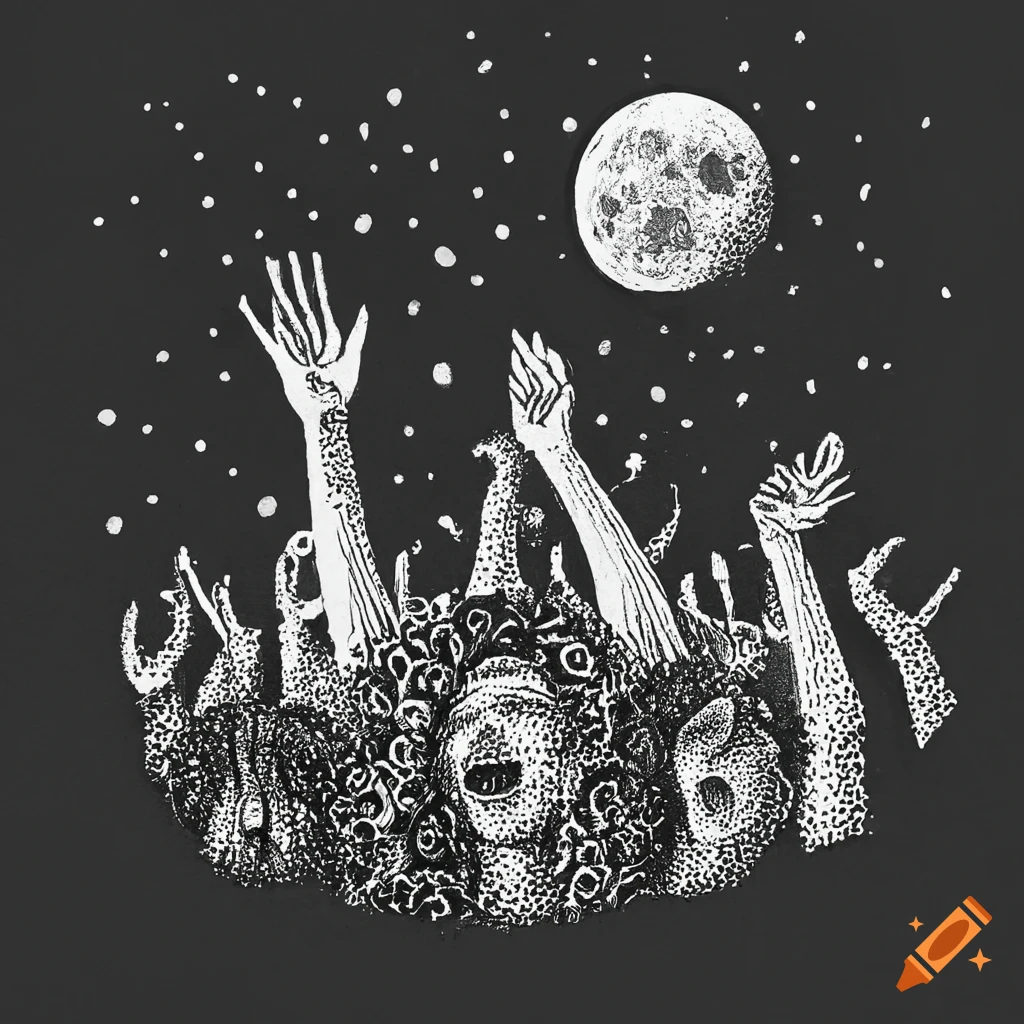 Rock concert at the moon illustration in black and white stipple ...