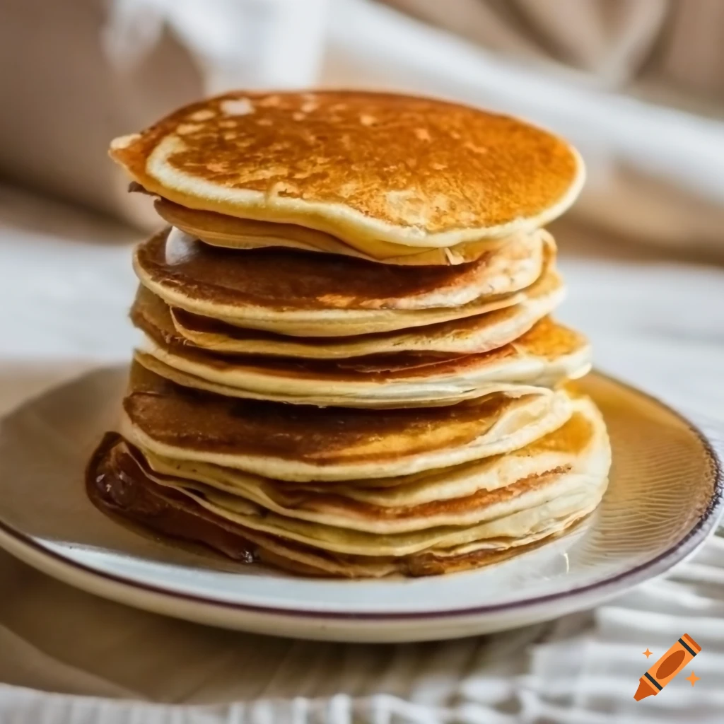 Stack of pancakes on a bed in soft lighting on Craiyon