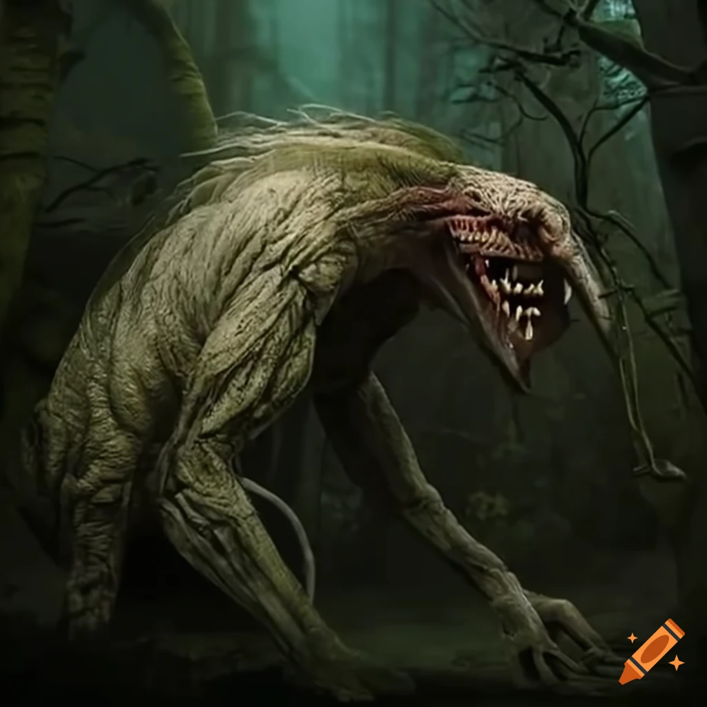 Scary monster creature with sharp teeth in an abandoned forest on Craiyon