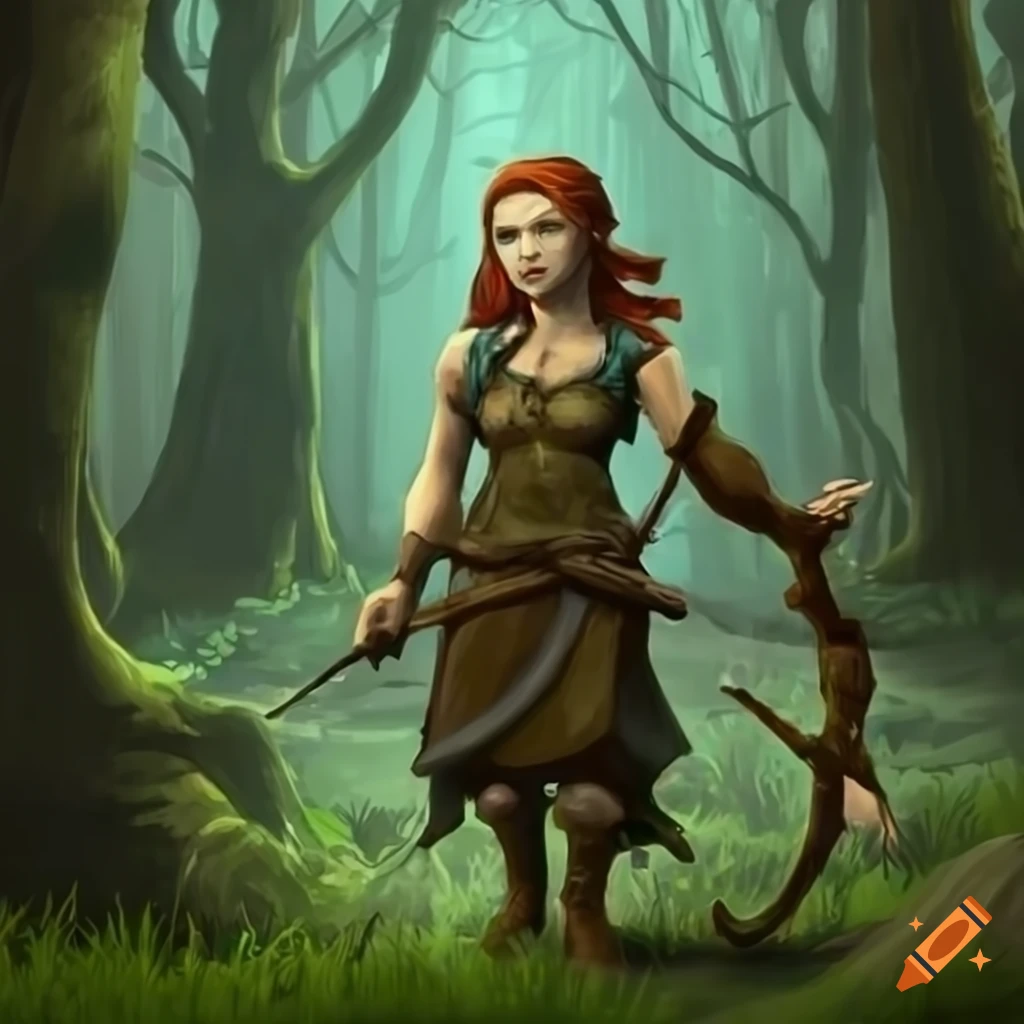 Female forest gnome with a longbow in an ancient forest on Craiyon
