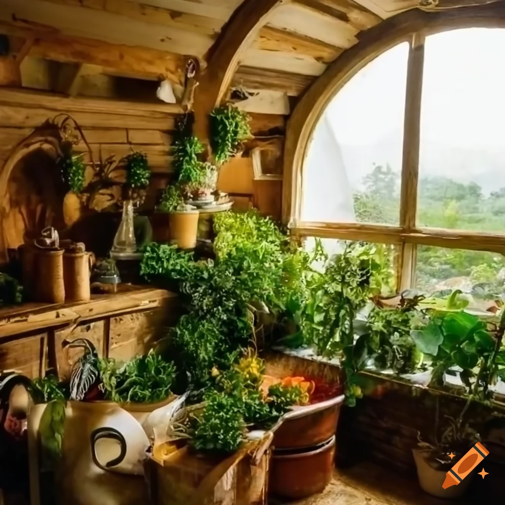 Cozy hobbit kitchen with potted plants and pancakes on the table on Craiyon