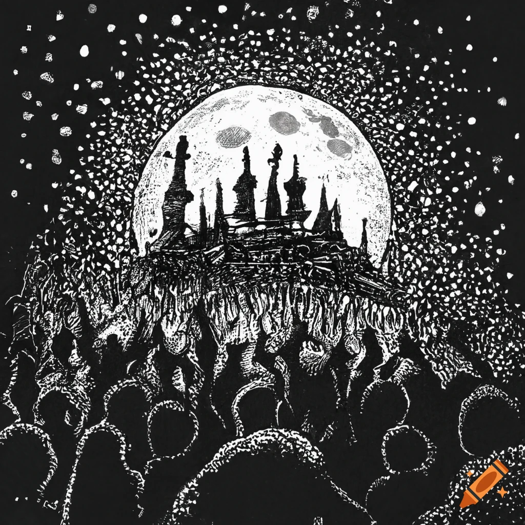 Rock concert at the moon in pen and ink black and white stipple drawing ...