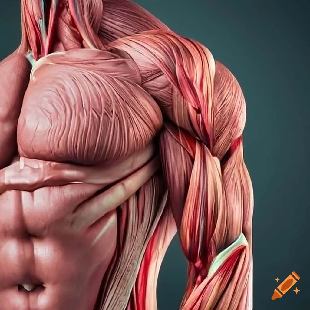 Close-up view of striated muscle fibers on a human man's body on Craiyon