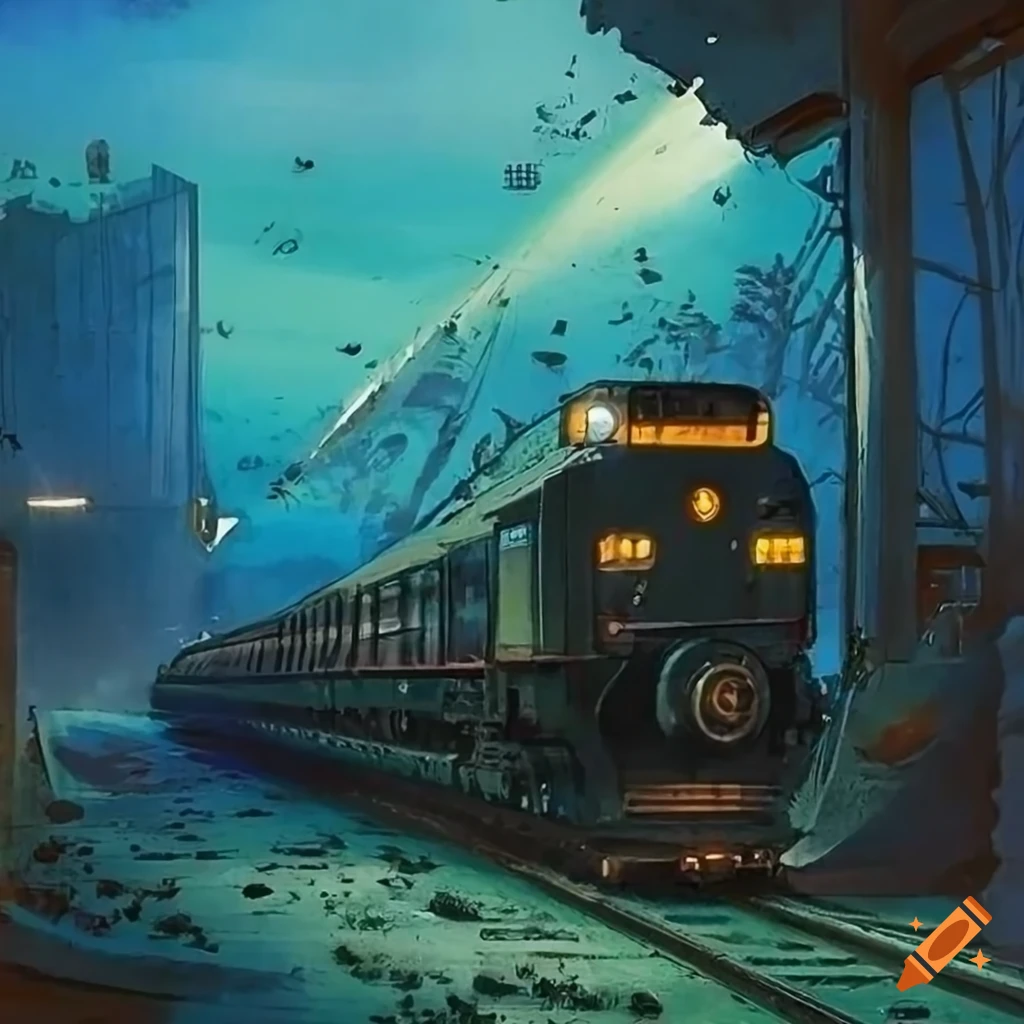 French comic-inspired post-apocalyptic living train art with retro ...