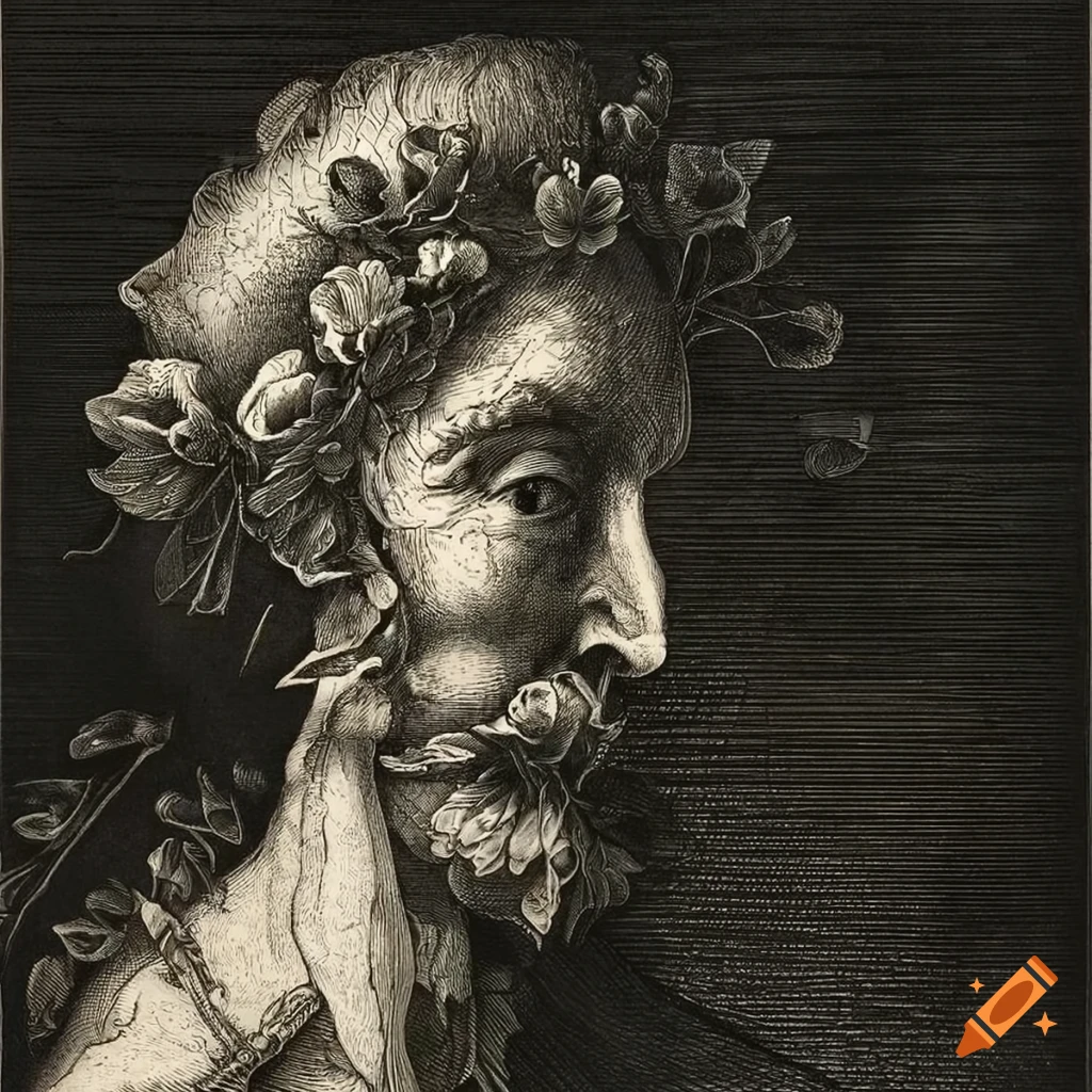 Intricate copperplate etching of a man holding a flower in black and ...