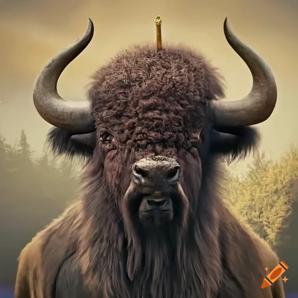 Bison king in forest with axe, carried on throne by people on Craiyon