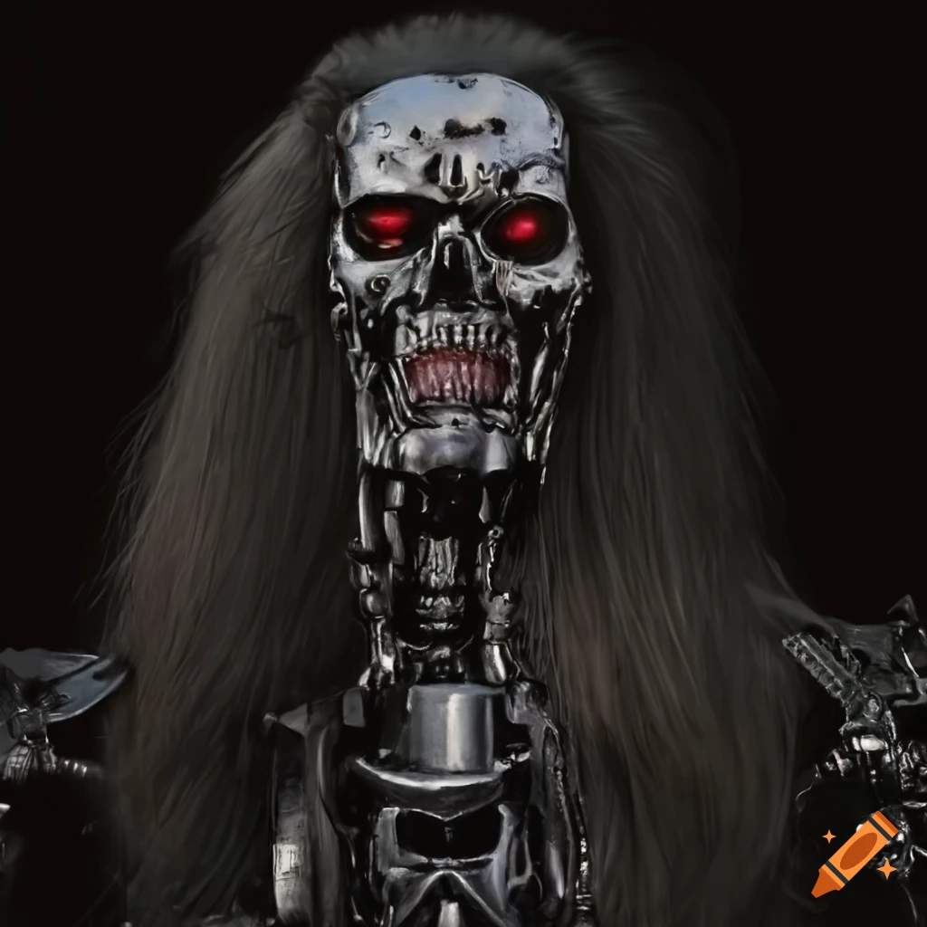 T-800 Terminator robot with long hair, headshot on Craiyon