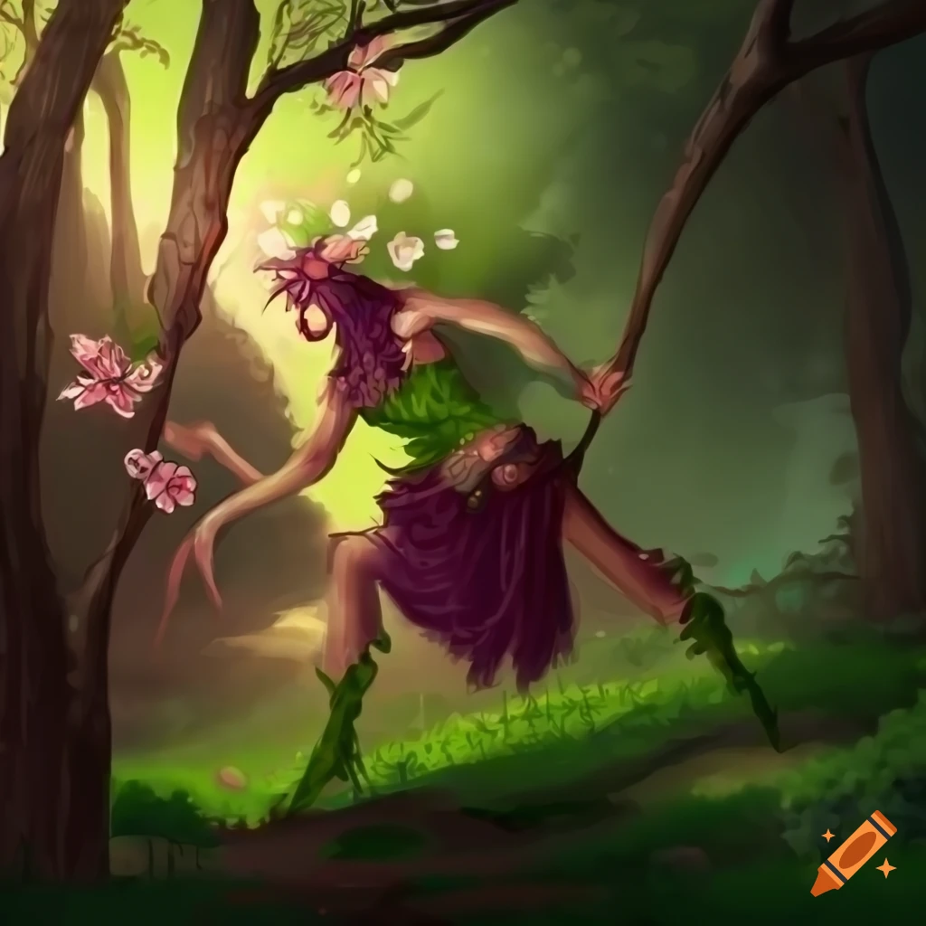 Blossom dryad battling with a blossom tree branch in a fantasy forest ...