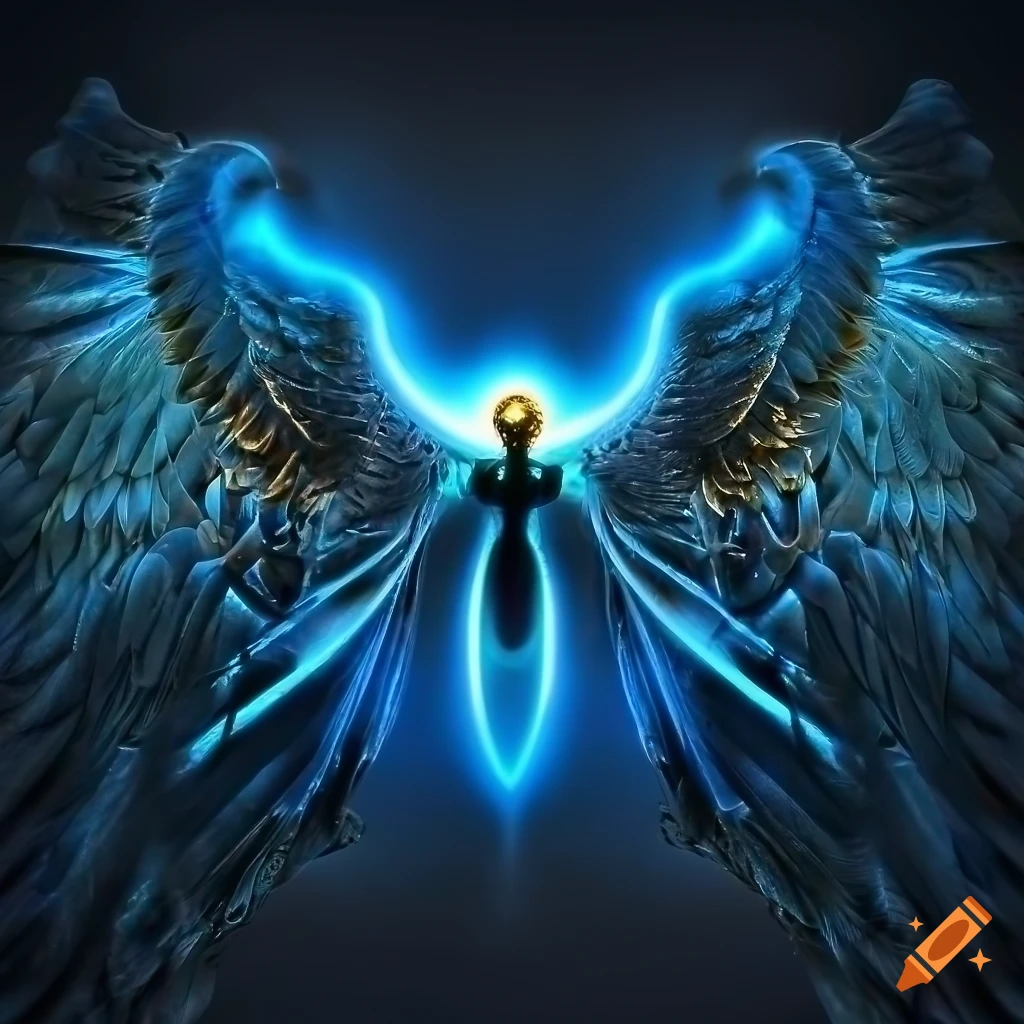 Elegant monstrosity with glowing wing eyes and angel halo on Craiyon