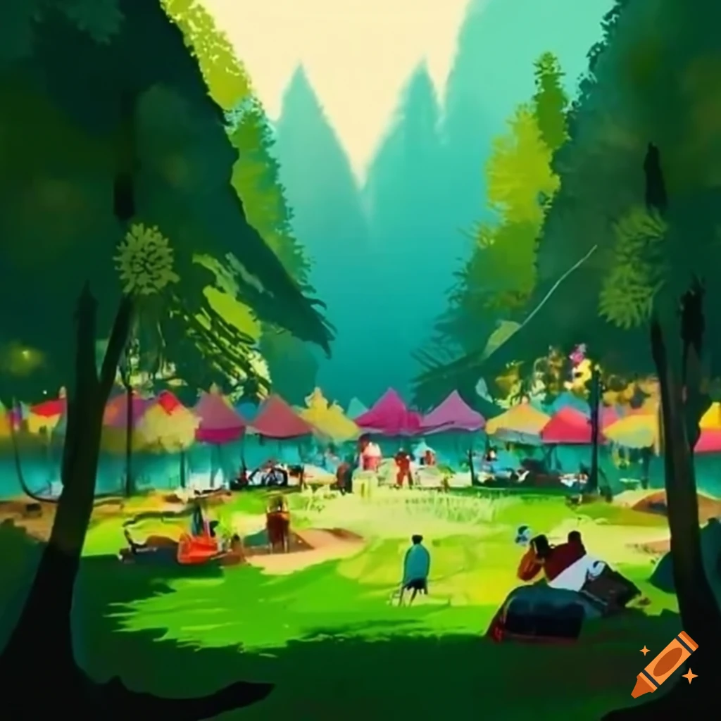 Small open air festival surrounded by trees on Craiyon