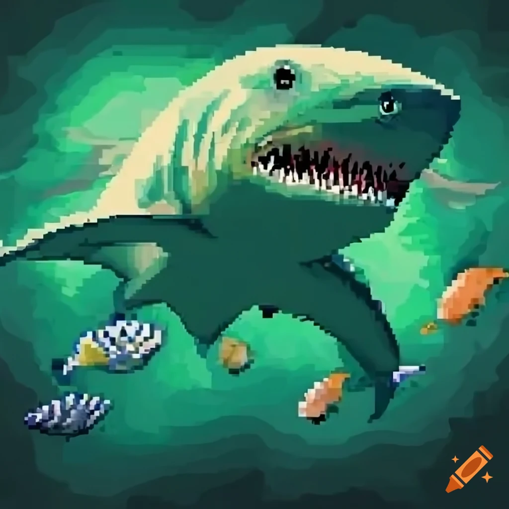 Pixel art painting of a cute smiling shark in green coral reef with ...