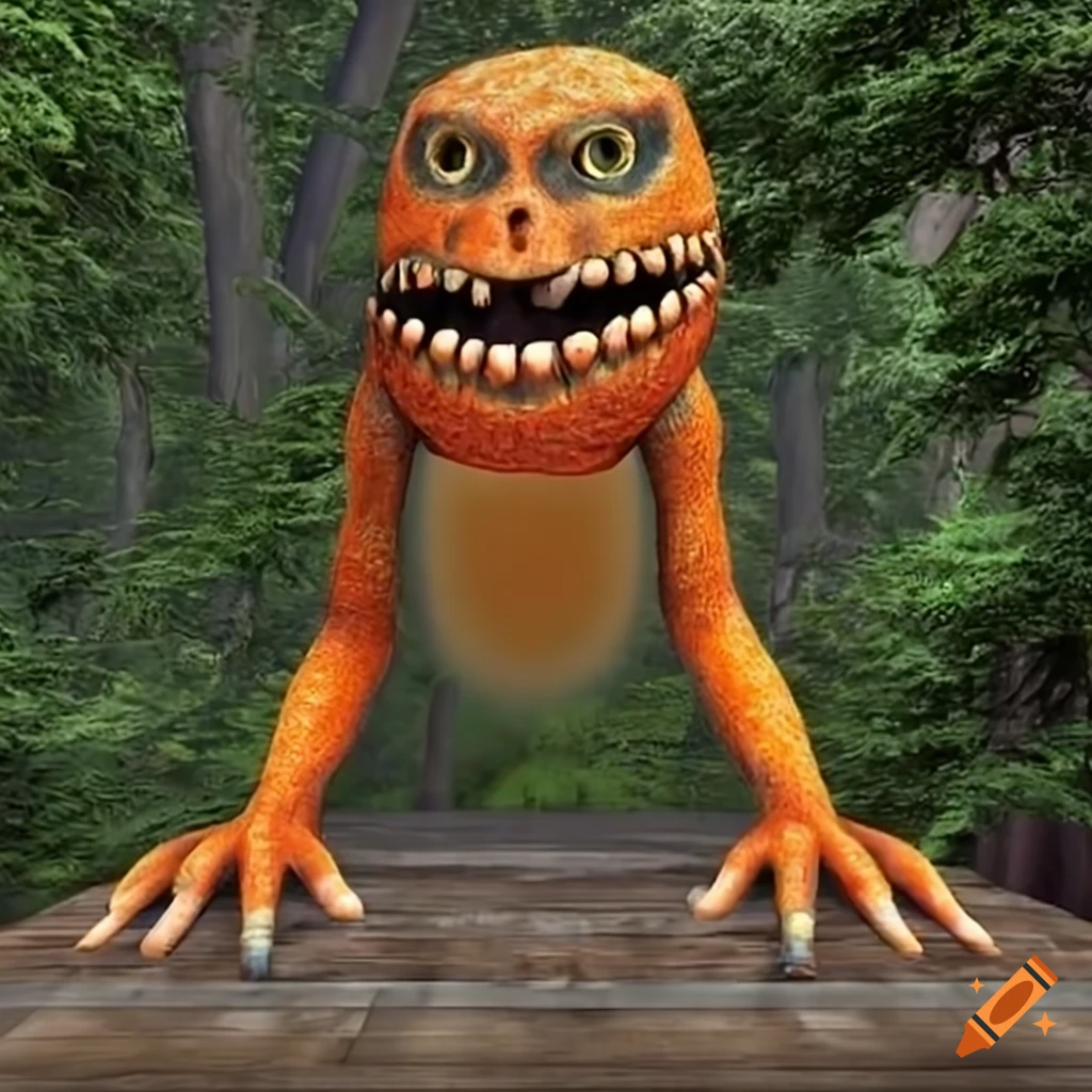 Orange tree monster with human face on wooden table in forest setting ...